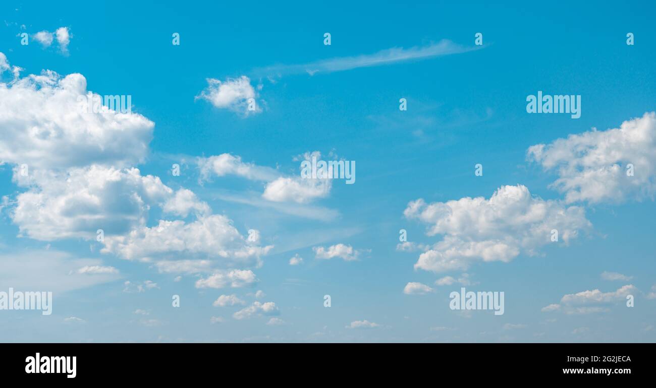 Panorama sky and clouds. White cumulus clouds on clear blue sky ...