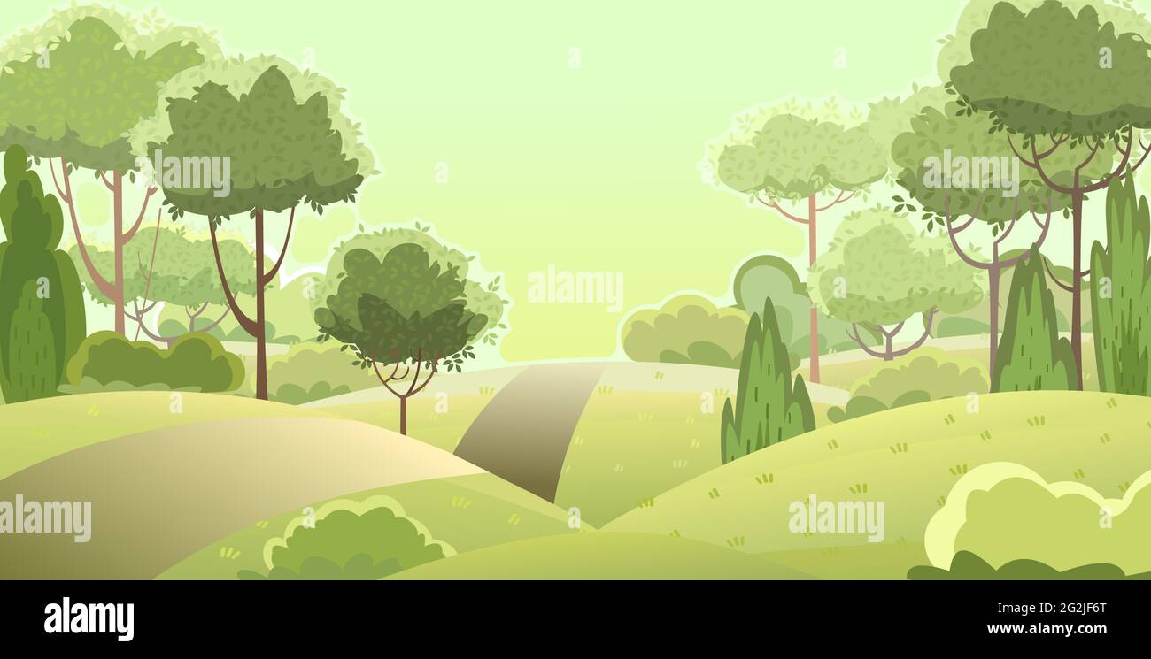 Road. Amusing beautiful forest landscape. Trail. Cartoon style. Leaves ...