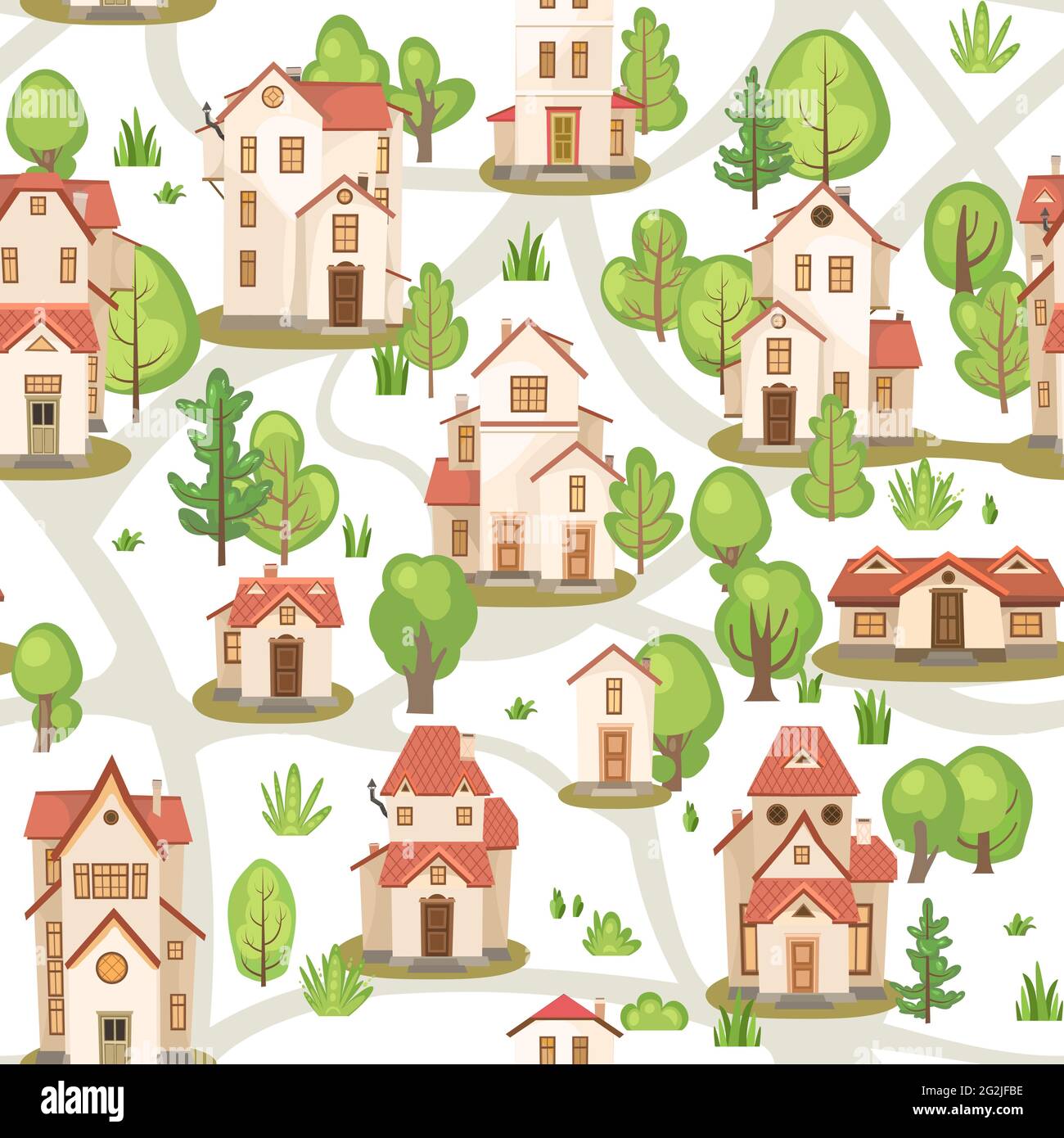 Town with roads. Map. Seamless illustration with cartoon village or ...