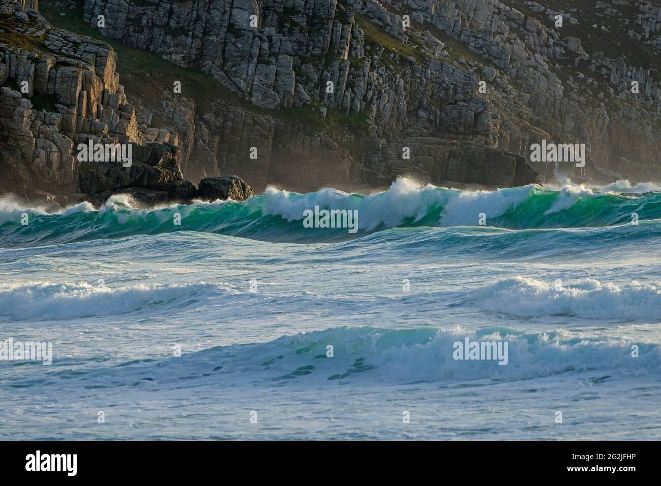 high waves roll on the beach Pen Hat at Camaret, Presqu´Ile de Crozon ...