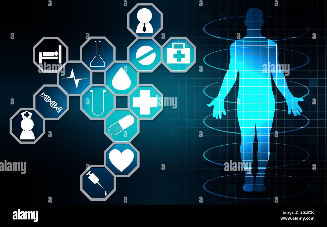 Health care icons with human body, 3D rendering Stock Photo - Alamy
