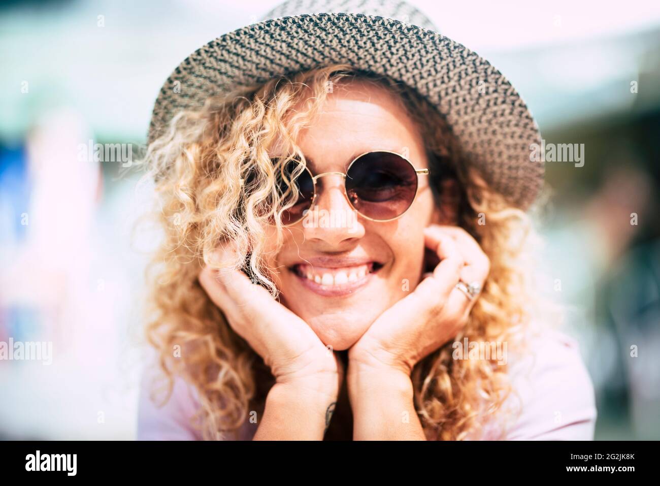 Portrait of beautiful middle age young adult woman smiling and look on ...