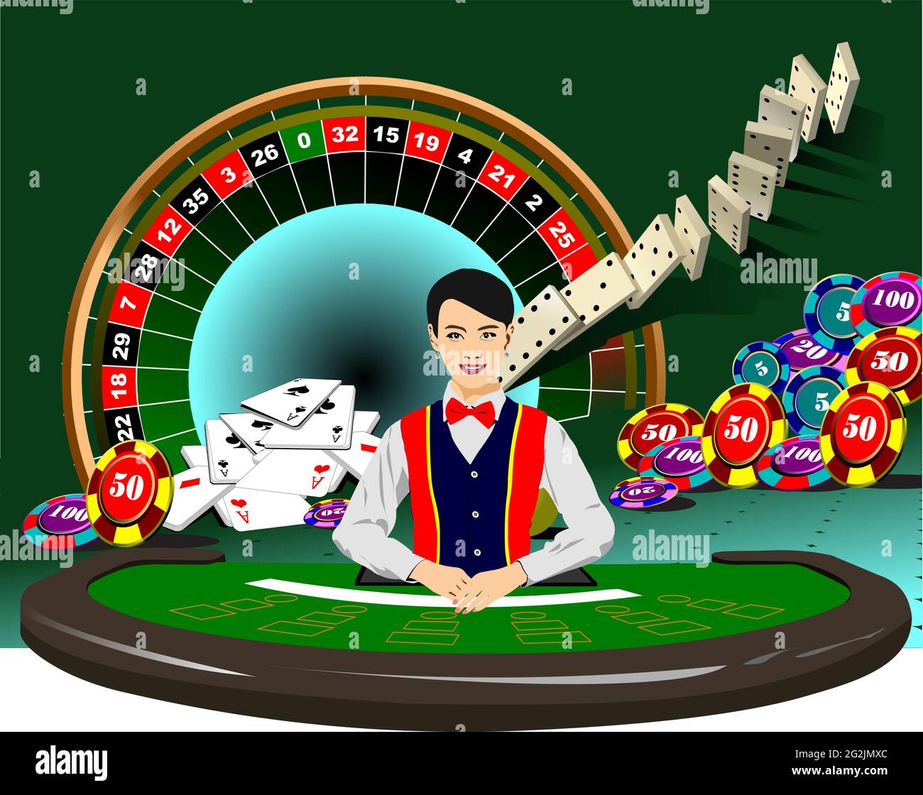 Casino elements with woman croupier image. 3d vector illustration Stock ...
