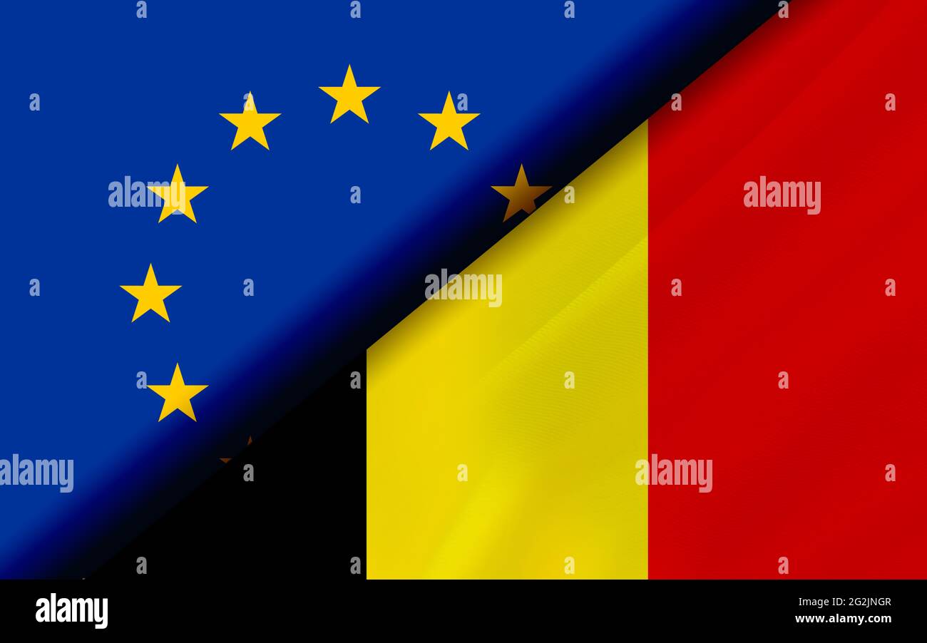 Flags of the EU and Belgium divided diagonally. 3D rendering Stock ...