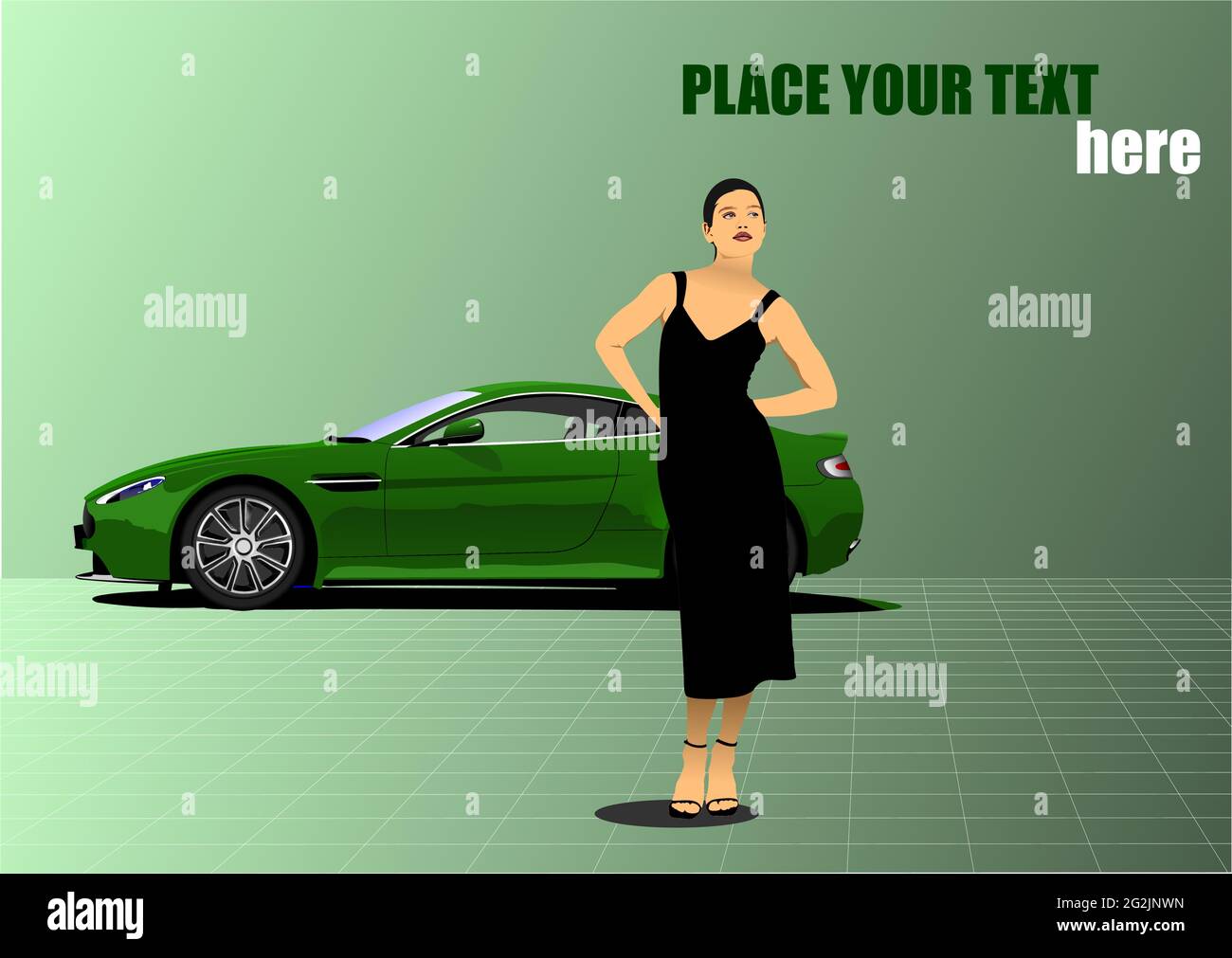 Young woman and green car sedan. Vector 3d illustration Stock Vector ...