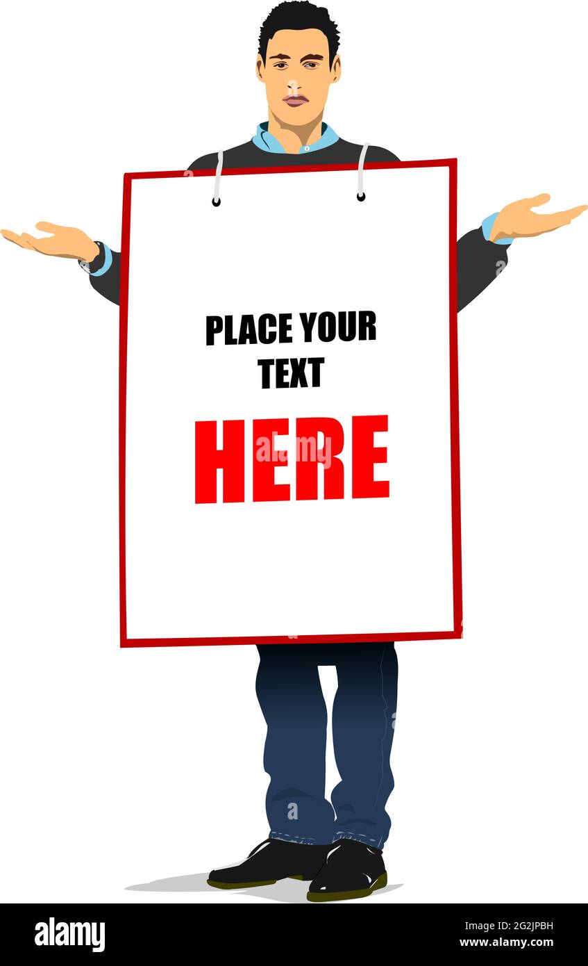 Man advertising on a white background. 3d vector colored illustration ...