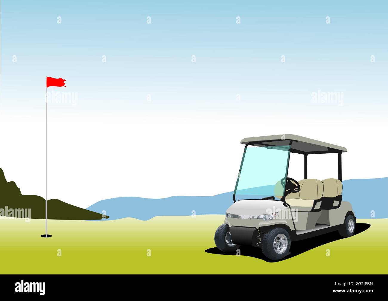 Electrical golf car on golf field background. Vector 3d illustration ...