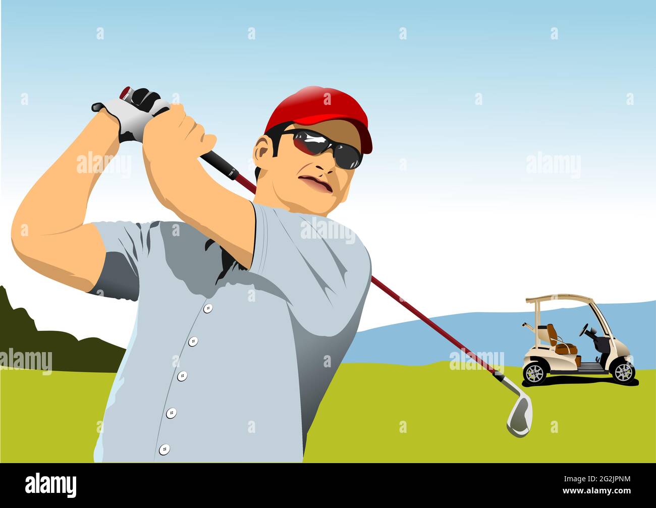 Golf club background with golfer and electric car. Vector 3d ...