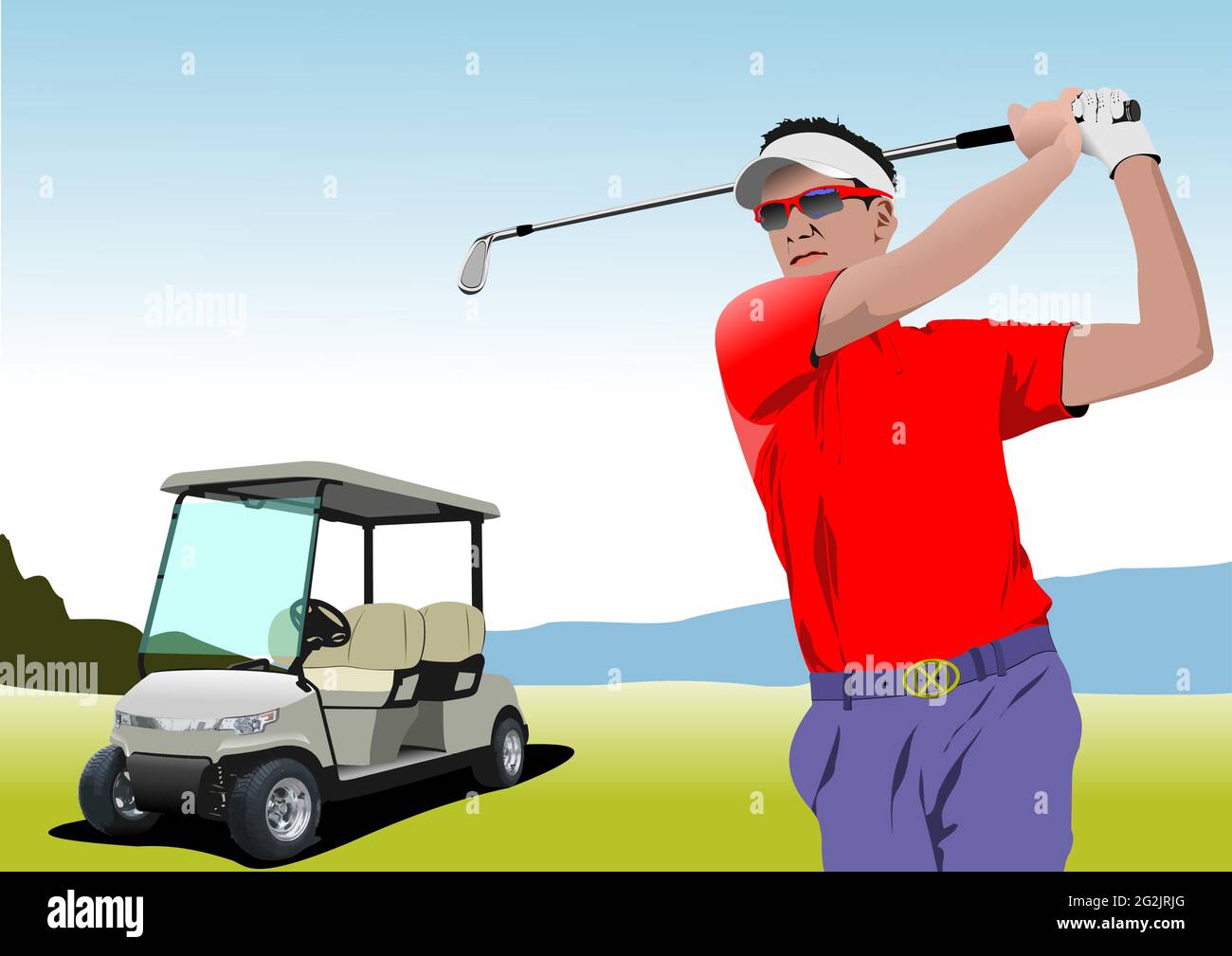 Electrical golf car on golf field background and golfer. Vector 3d ...