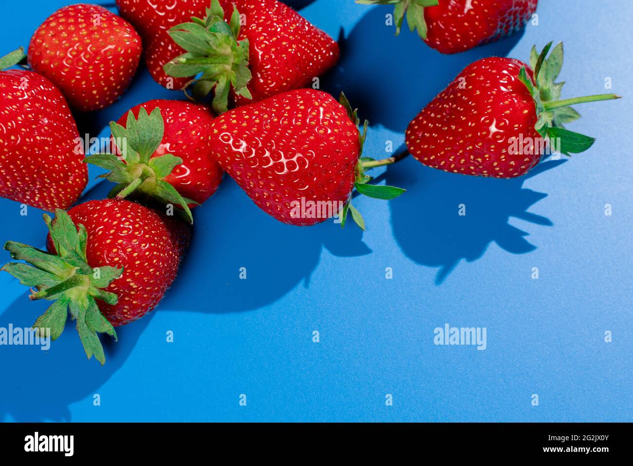 Bunch of strawberries on blue background. Red berry summer seasonal ...