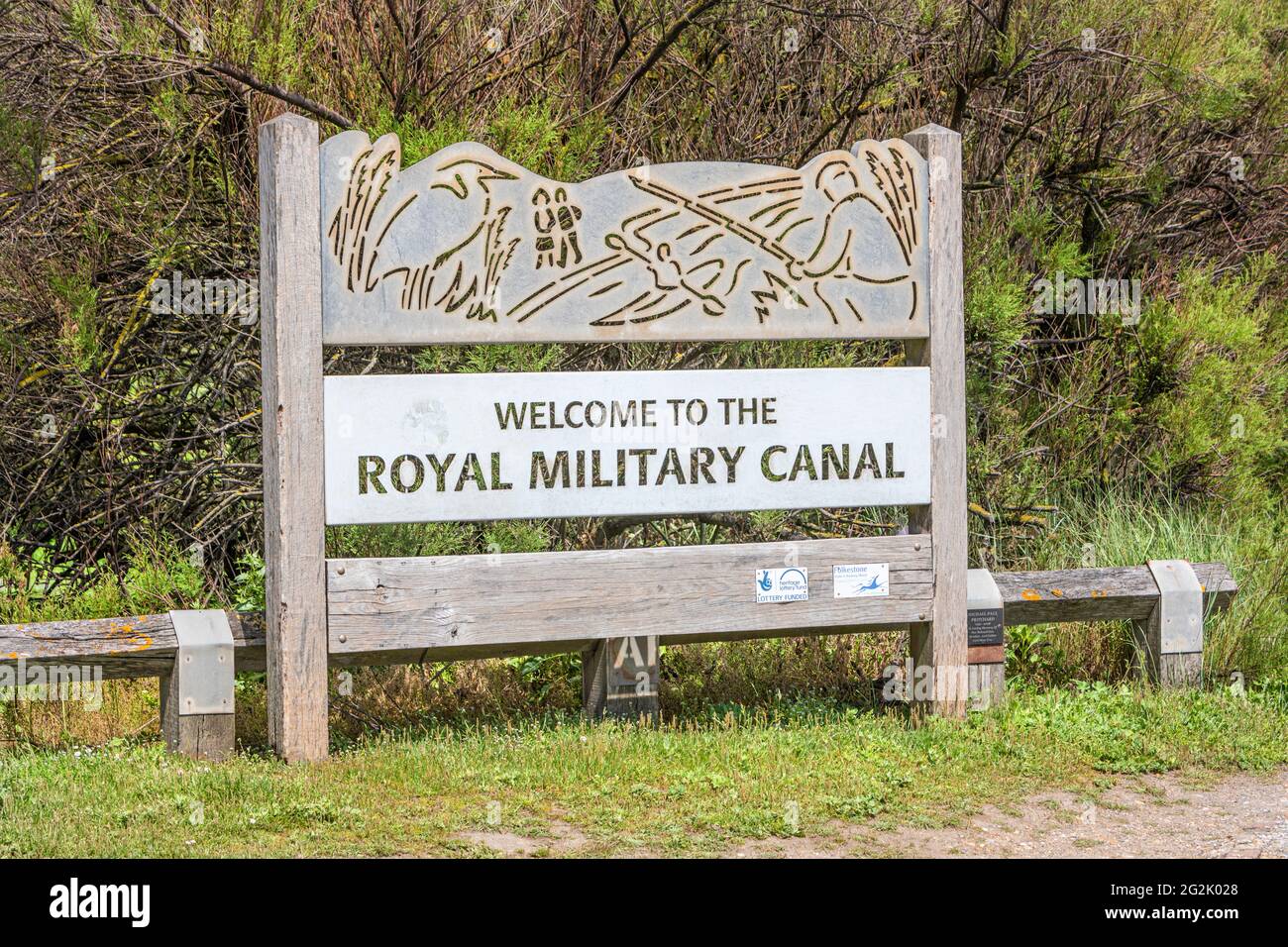 A welcome to the Royal Military Canal sign in Hythe, Kent, UK Stock ...