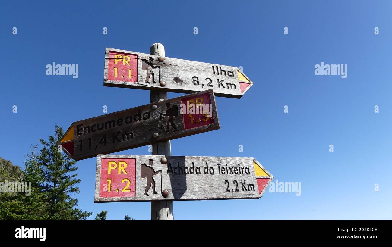 Hiking trail wooden signs with destinations and distanceson a pole ...
