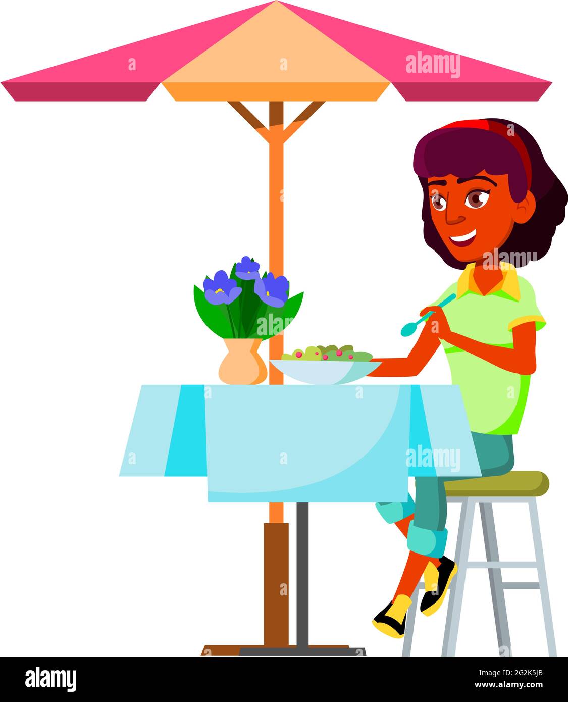 happy hispanic lady eating delicious vegetarian salad on restaurant ...