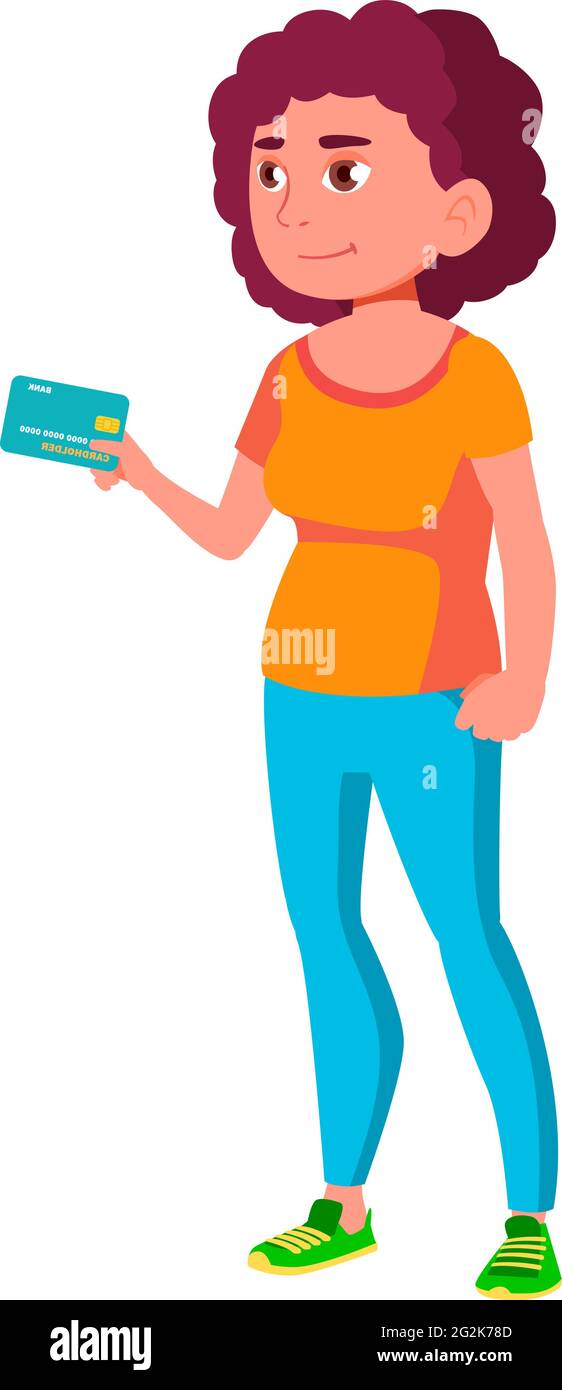 smiling girl buying goods with credit card in store cartoon vector ...