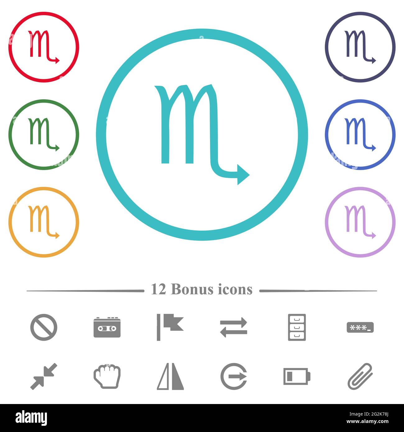 Scorpio zodiac symbol flat color icons in circle shape outlines. 12 ...