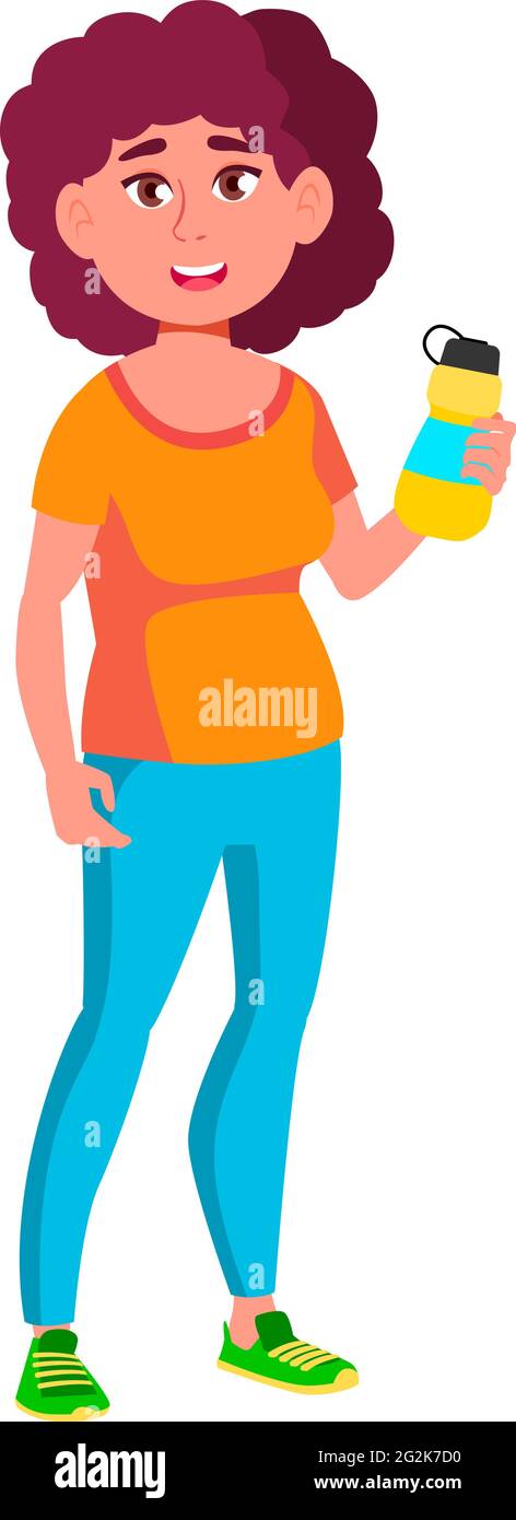 smiling caucasian girl holding healthy water bottle cartoon vector ...