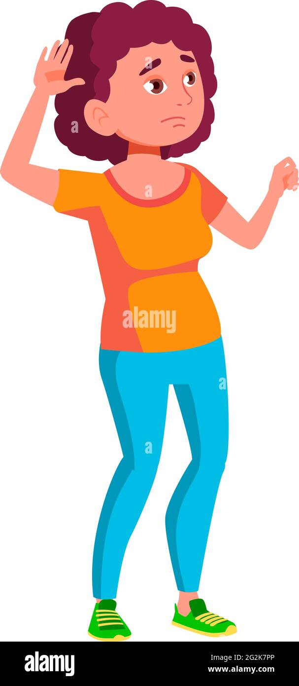 sadness young woman putting hand up for answering on strange question ...