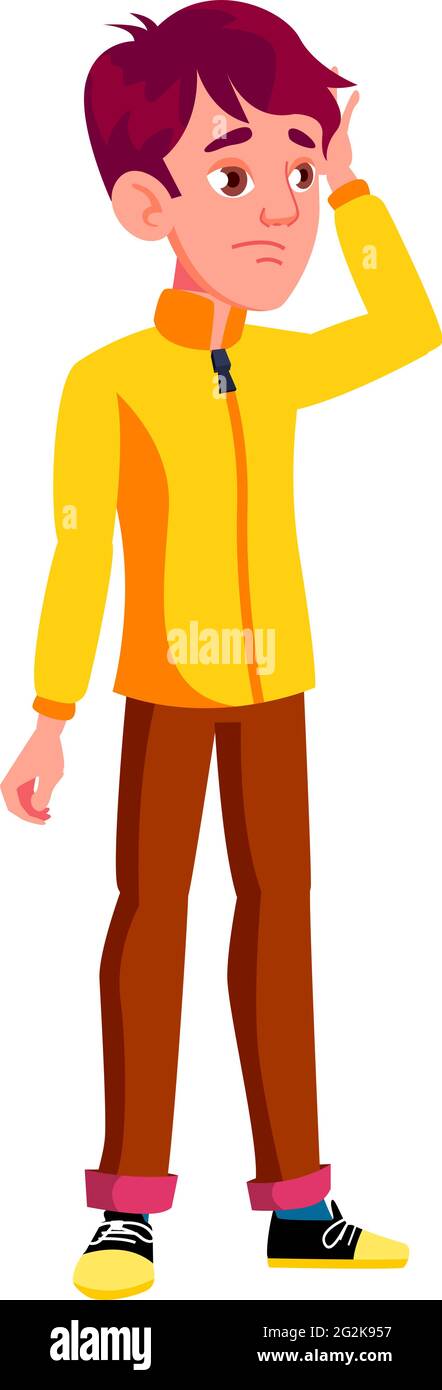 thoughtful boy reminding answer on question in college cartoon vector ...