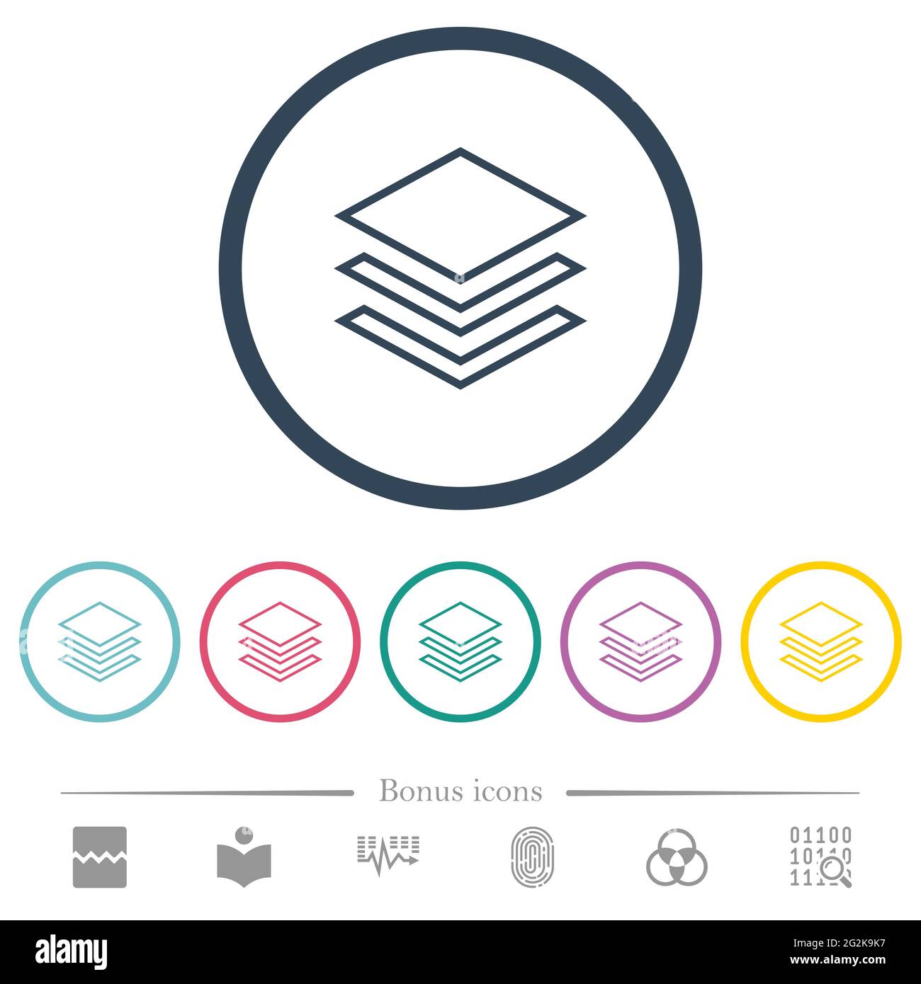 Layers flat color icons in round outlines. 6 bonus icons included Stock ...