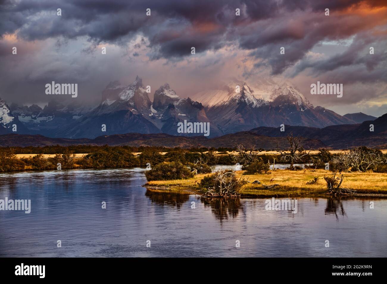 Mountain landscape at sunrise, Torres del Paine National Park ...