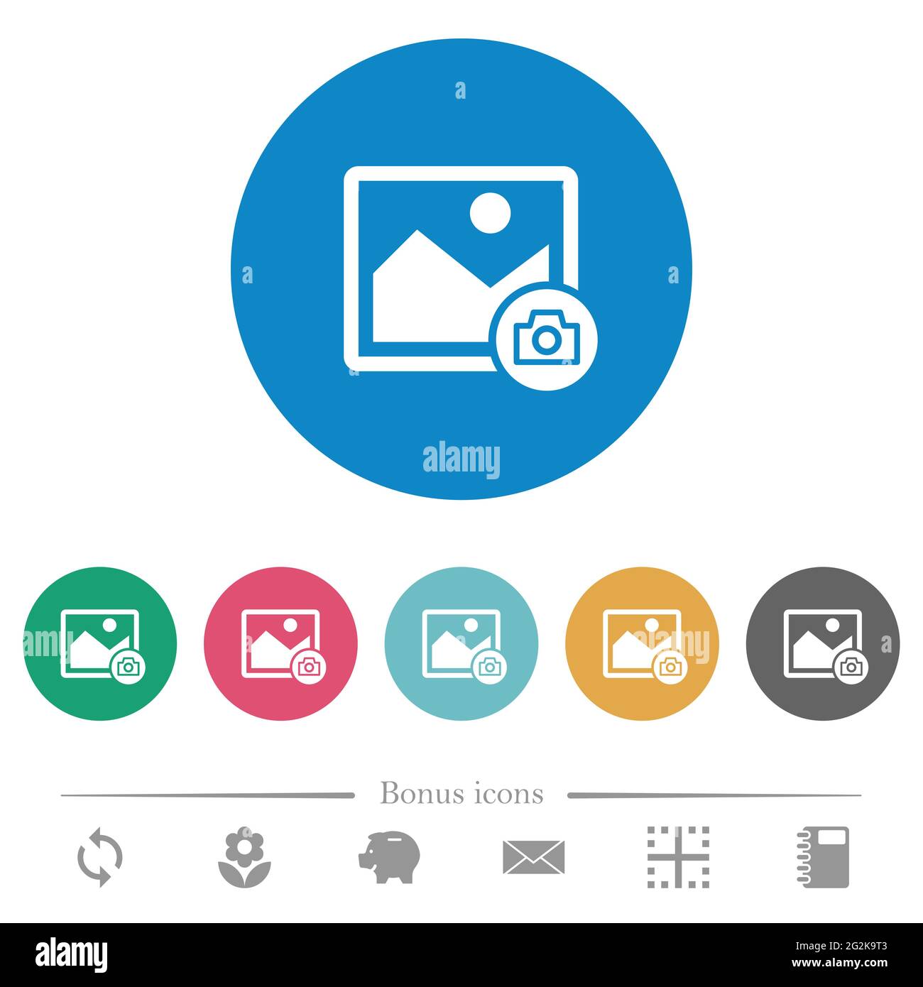 Grab image flat white icons on round color backgrounds. 6 bonus icons ...