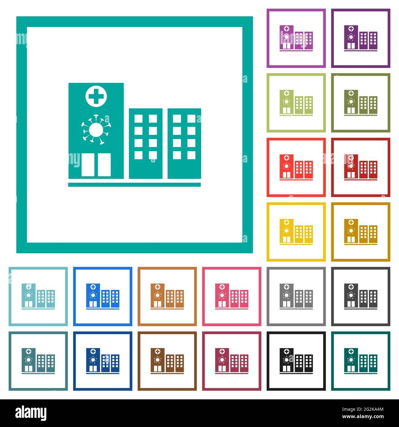 Covid Hospital flat color icons with quadrant frames on white ...