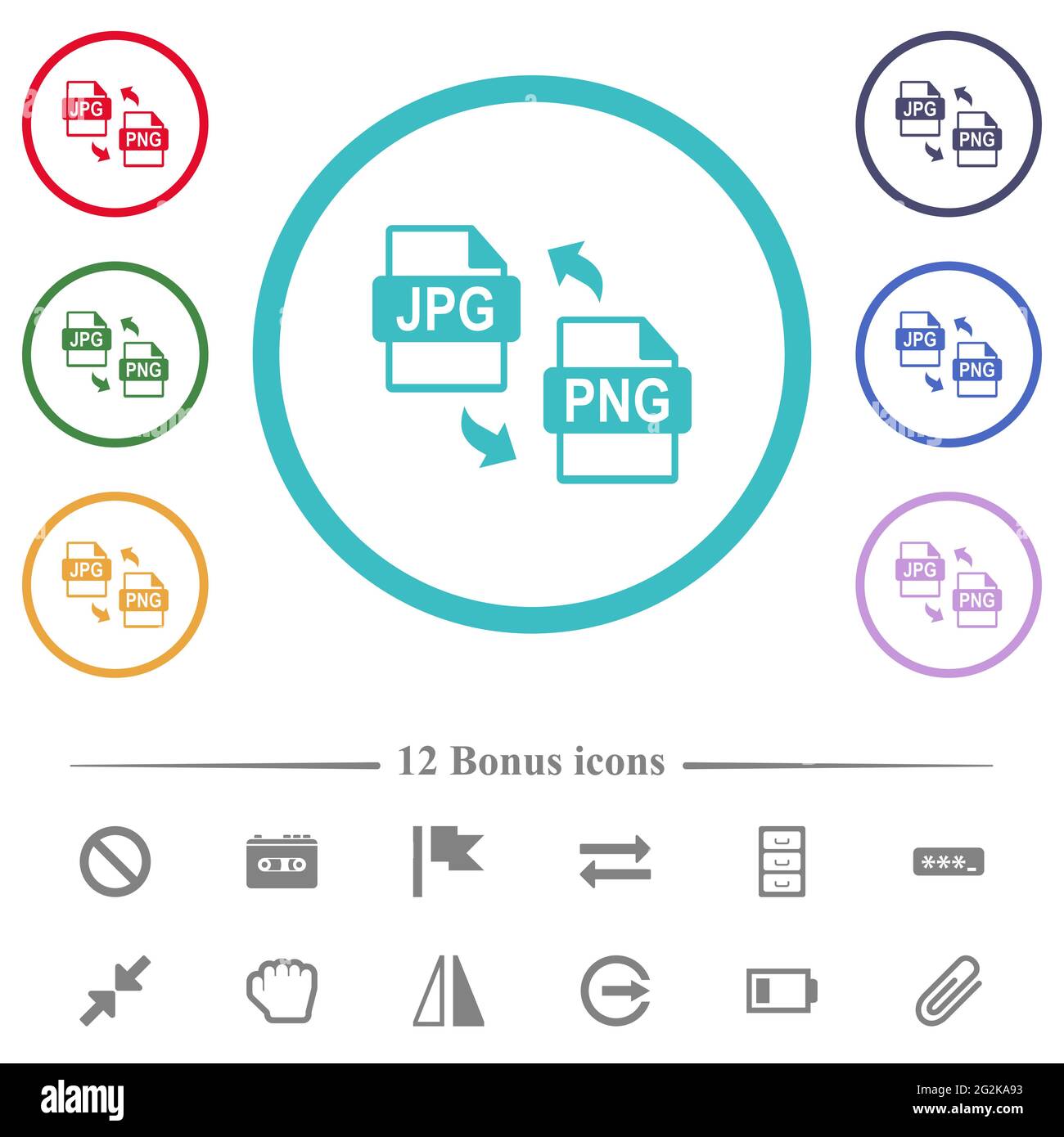JPG PNG file conversion flat color icons in circle shape outlines. 12 bonus icons included Stock ...