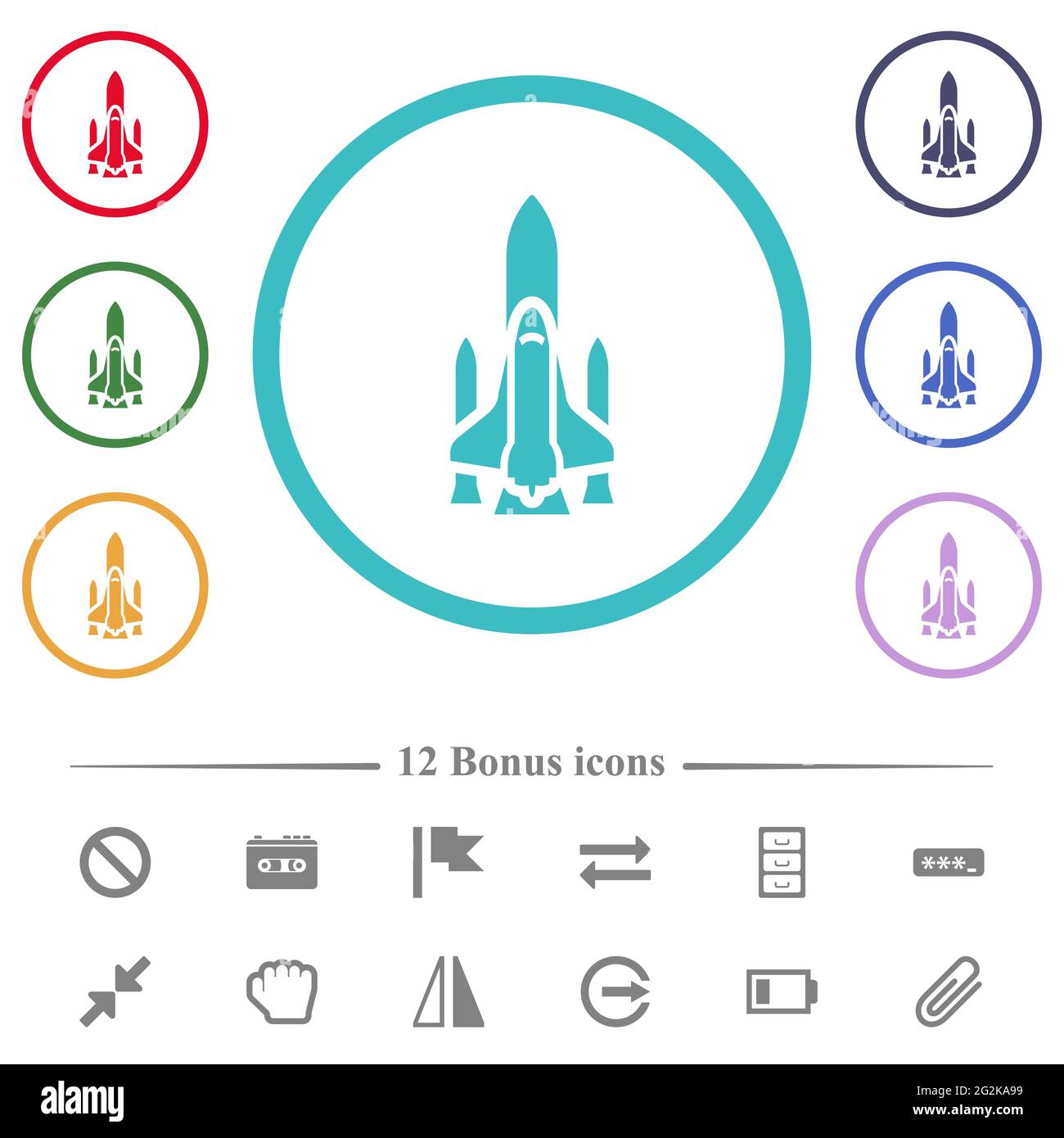 Space shuttle with launchers flat color icons in circle shape outlines. 12 bonus icons included ...