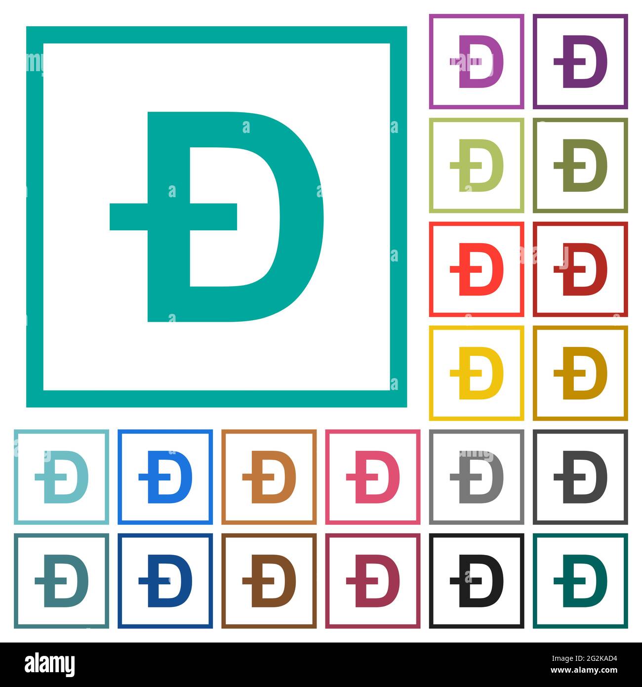 Dogecoin digital cryptocurrency flat color icons with quadrant frames ...