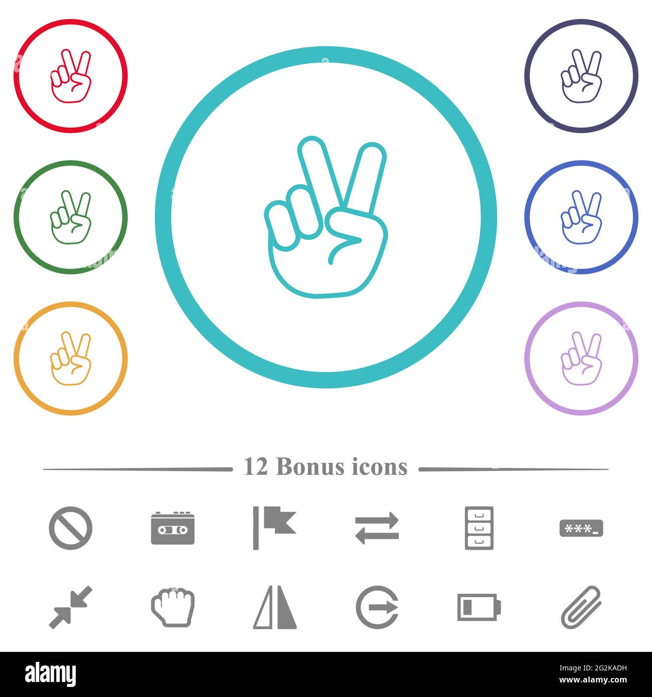 Victory sign hand gesture flat color icons in circle shape outlines. 12 ...