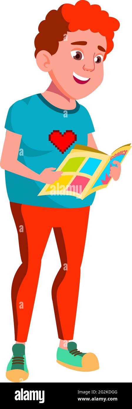 smiling fat boy reading comics in bookstore cartoon vector Stock Vector ...