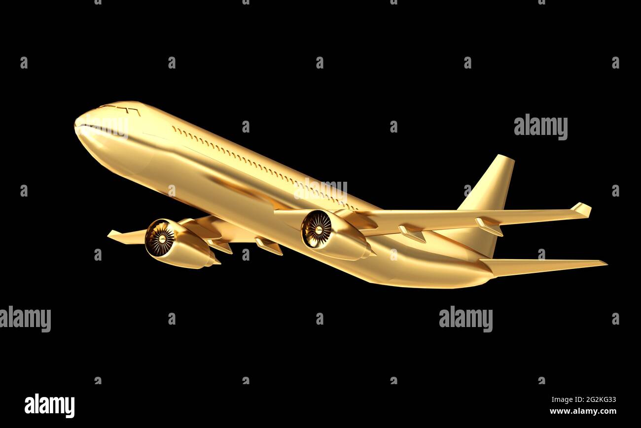 Golden airplane isolated on black background. Expensive travel concept ...