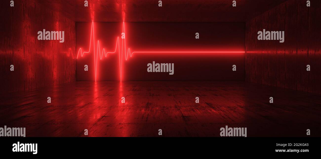 3d dark red room with pulse line inside. Abstract concept of fear ...