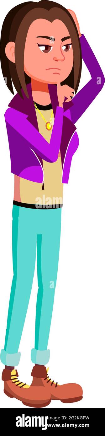 thoughtful stylish girl choosing clothes in fashion store cartoon ...