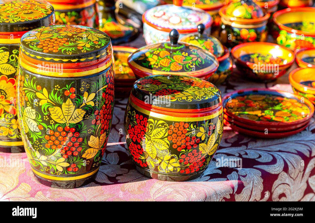 Painted wooden handmade tableware with traditional pattern. Russian ...