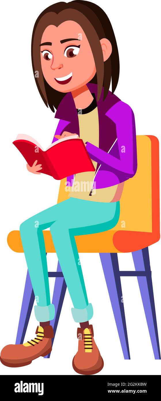 smiling youth girl reading interesting book in waiting room cartoon ...