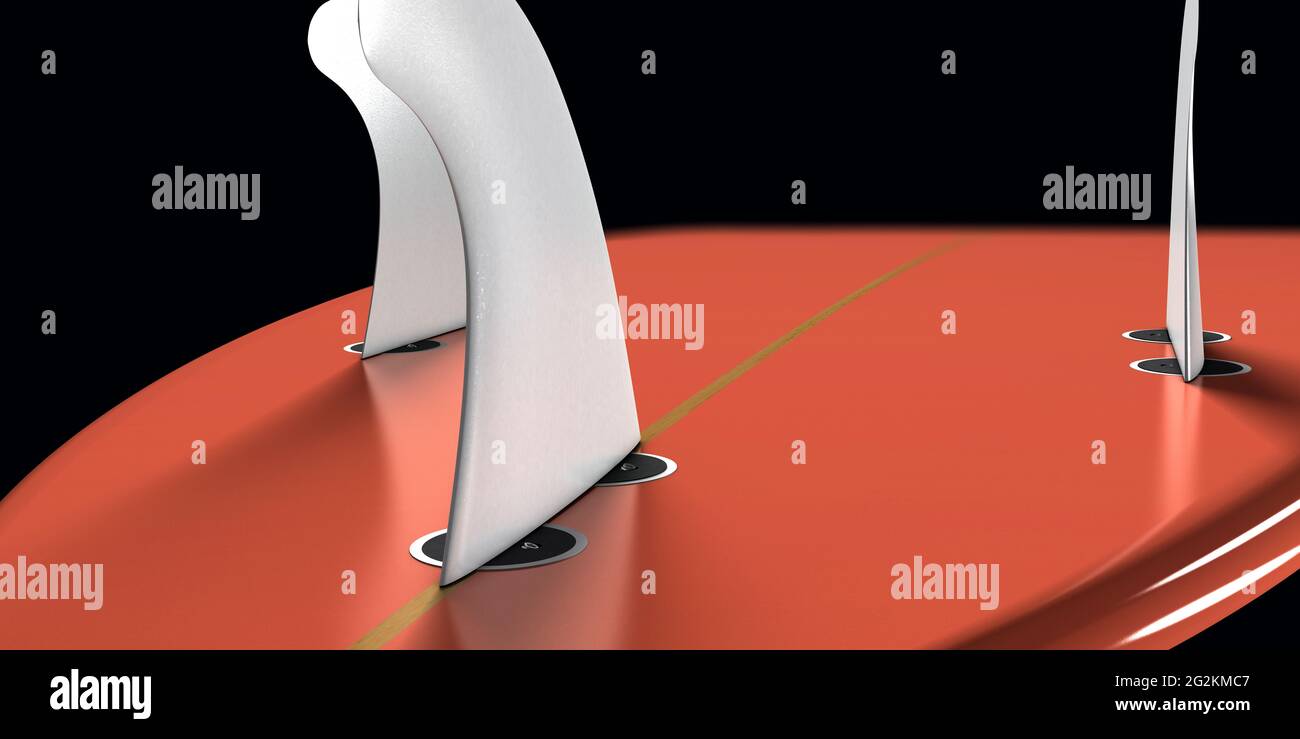 Tail of a red Short-board for surfing and a white fin - 3d illustration ...