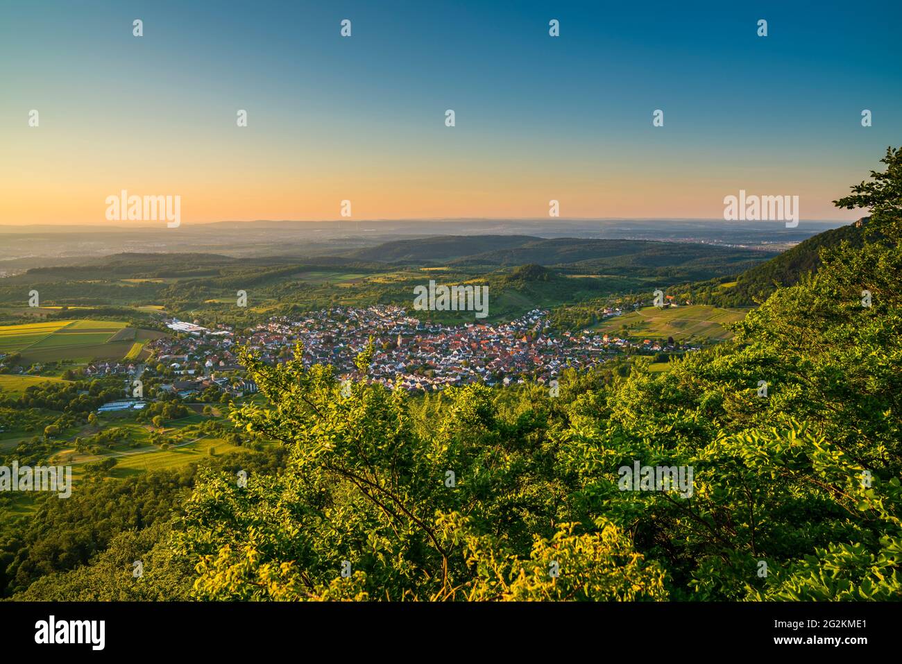 Germany, Panorama view above green landscape of beuren city houses and ...