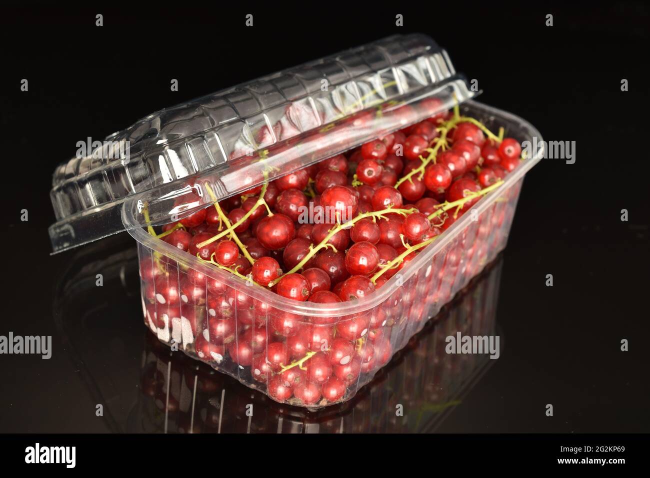 Organic, red currants in a plastic container, close-up, isolated on ...