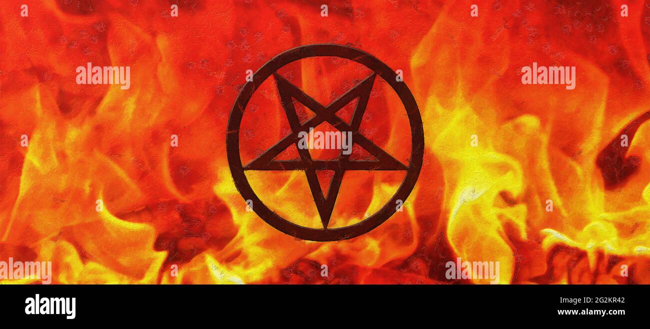 Satanic pentagram on a fiery background. Wide panoramic view. Artistic ...