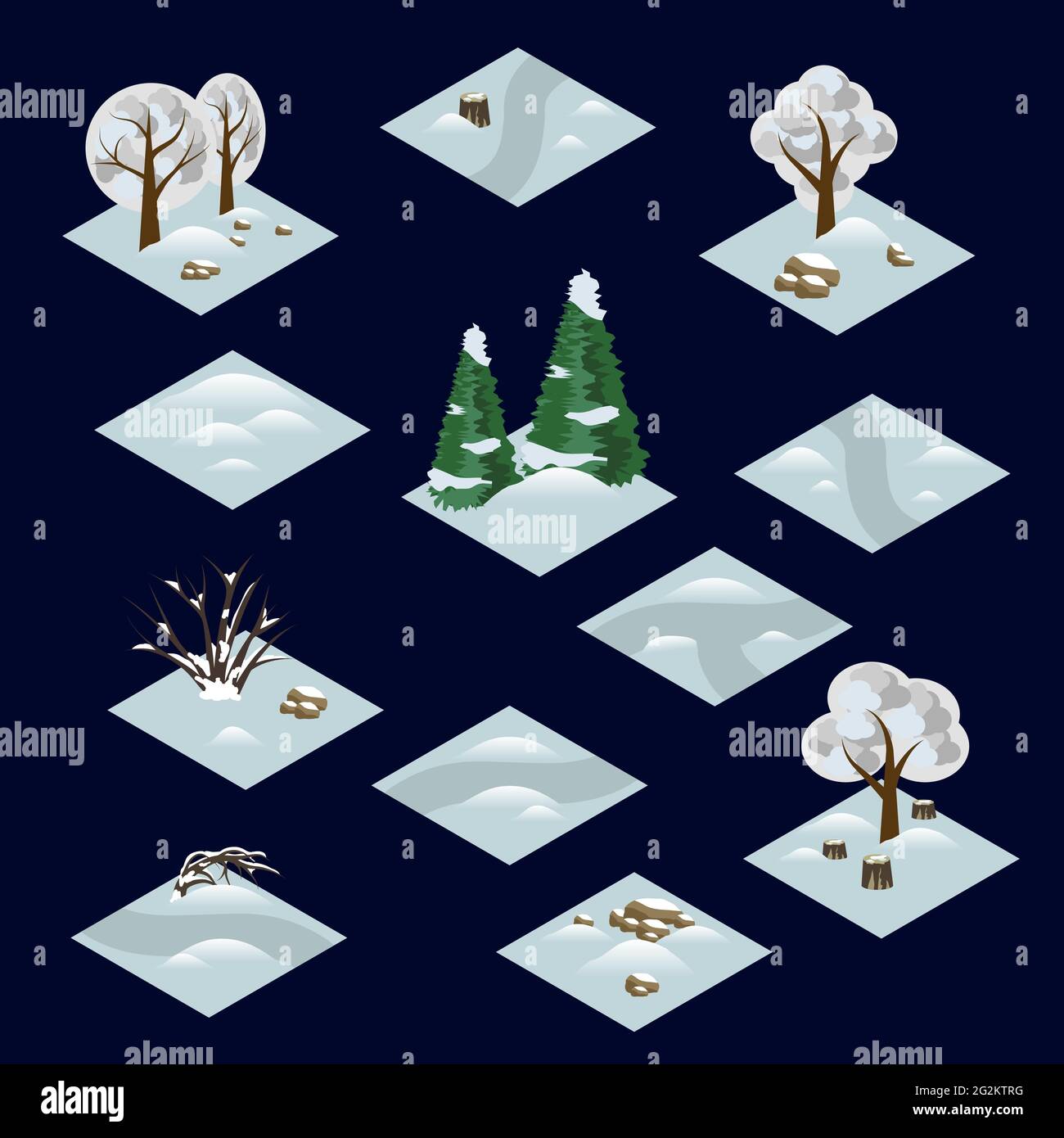 Winter forest isometric tile set with trees and bushes in snow ...