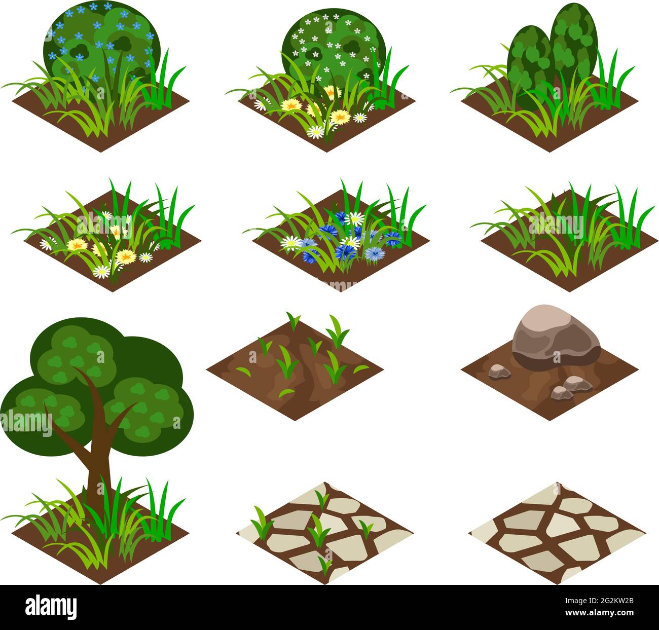 Garden or farm isometric tile set. Isolated isometric tiles with grass ...