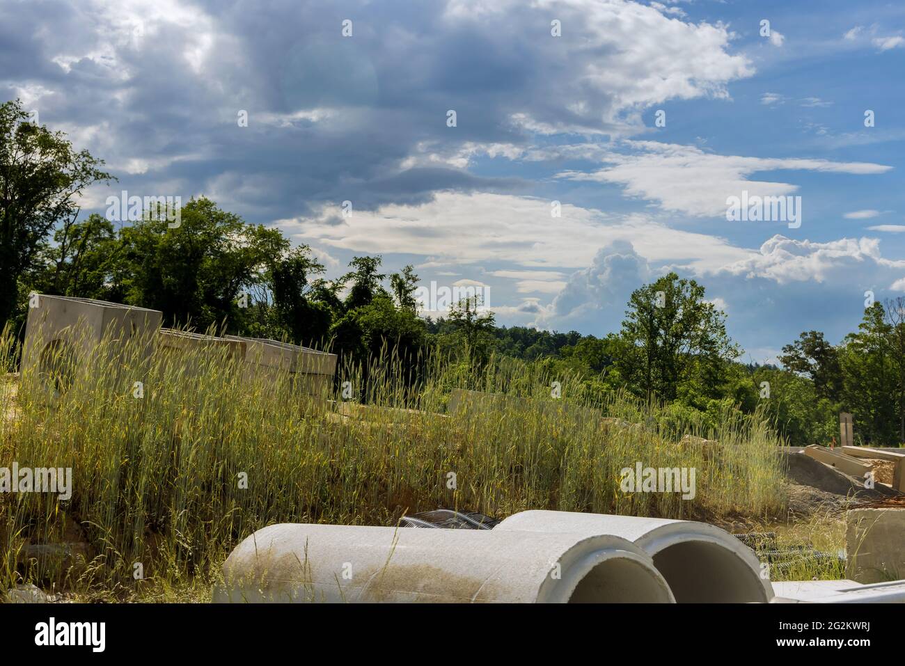 Construction of concrete pipe of drainage system work on the road for ...