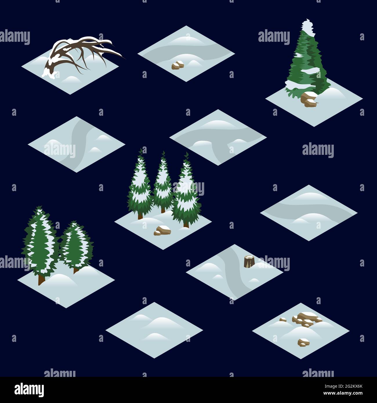 Winter forest isometric tile set with trees and bushes in snow ...