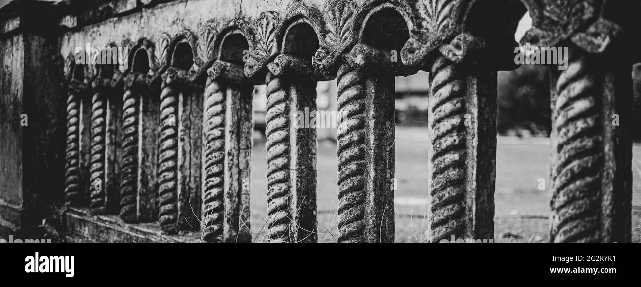 banner balustrade aged vintage railing balcony monochrome cemetery ...