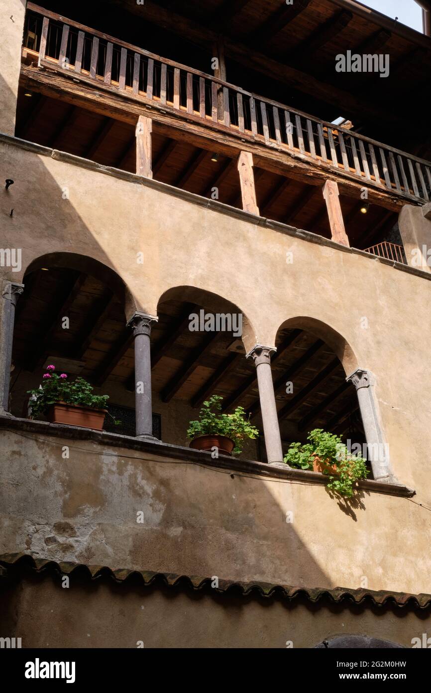 old facade balcony of the Renaissance with plants in the small village ...