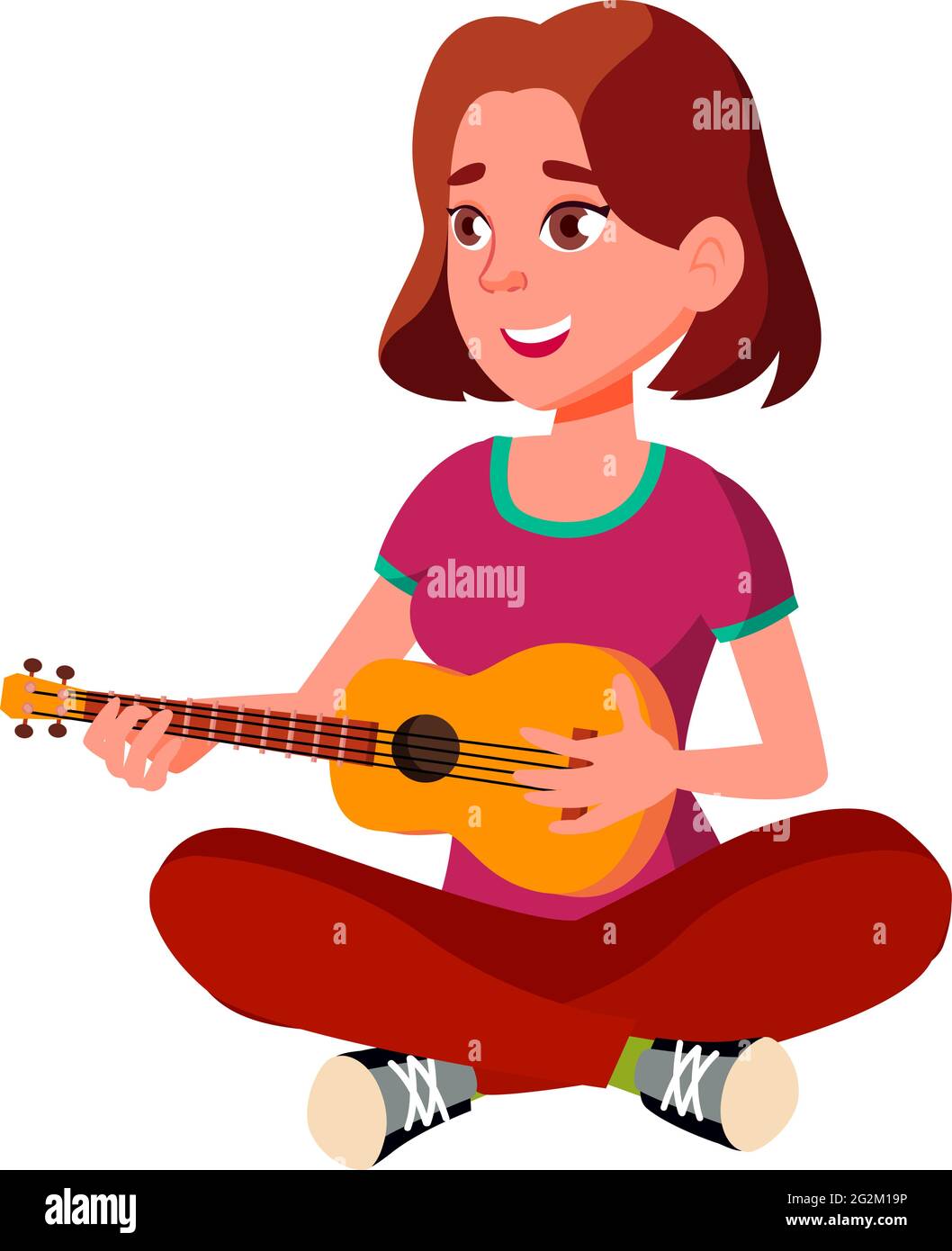 girl sitting on floor playing on musical instrument guitar and singing ...