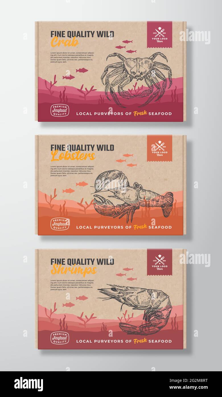 Premium Quality Food Box Mockups. Vector Seafood Packaging Label Design ...