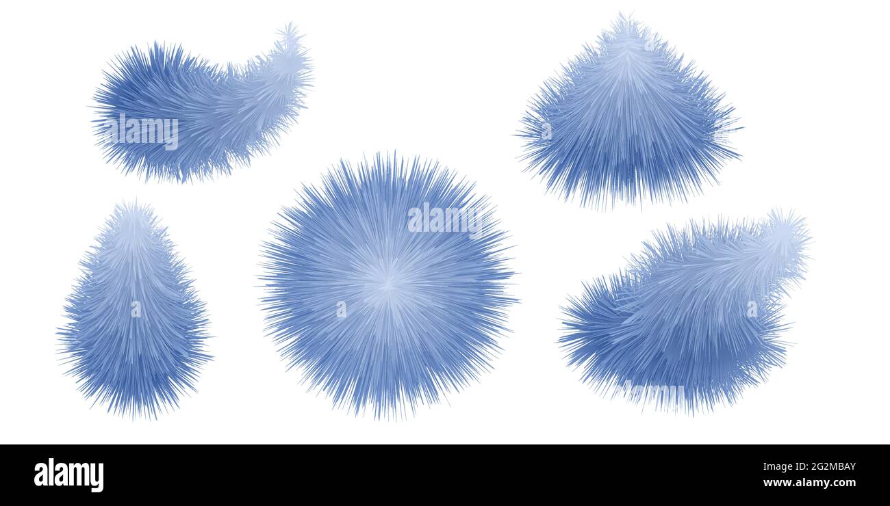 Fur pompom and feathers. Fluffy furry poms, blue color. Set of isolated elements. Vector ...