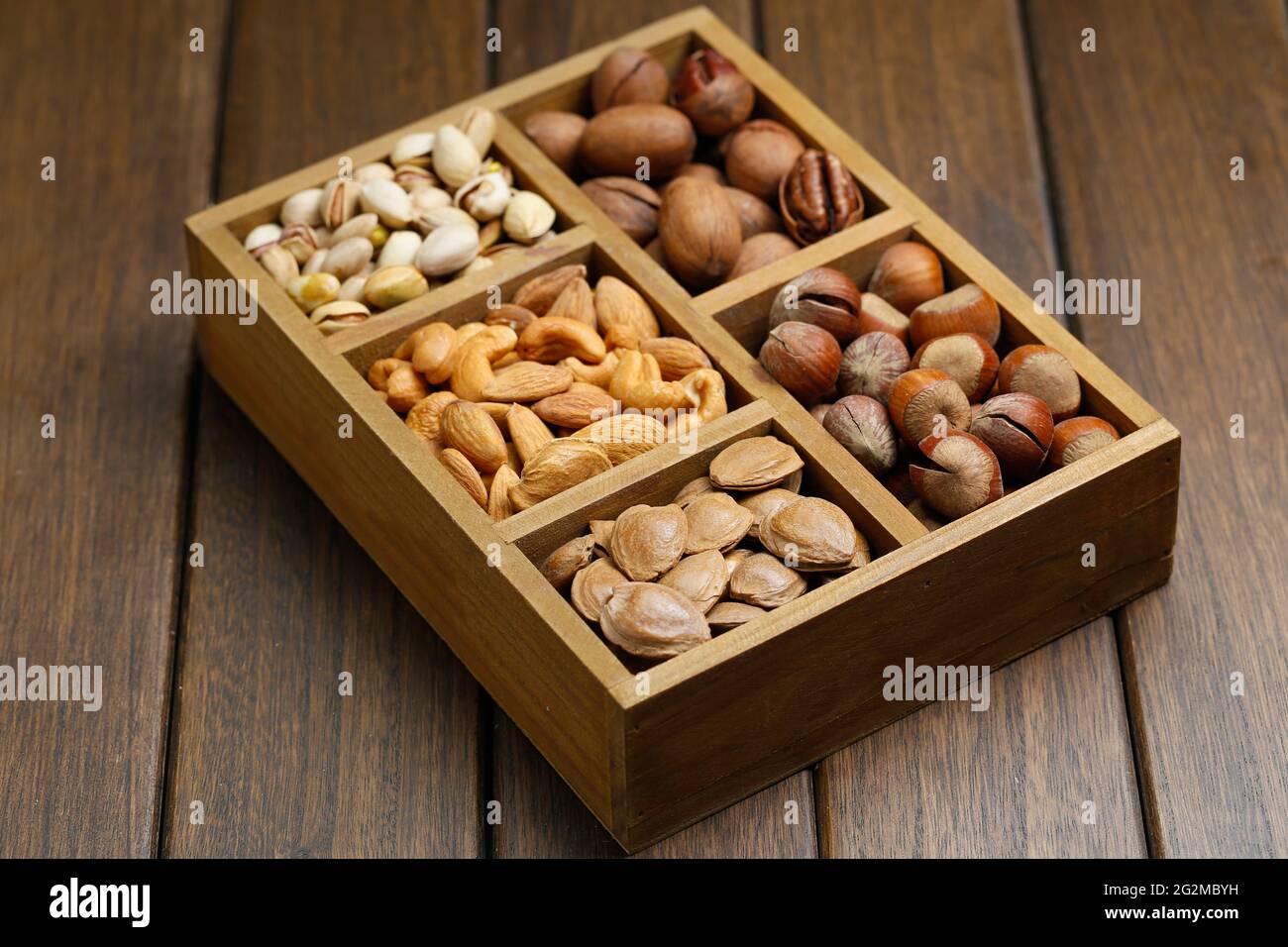 Various nuts in wooden box Stock Photo - Alamy